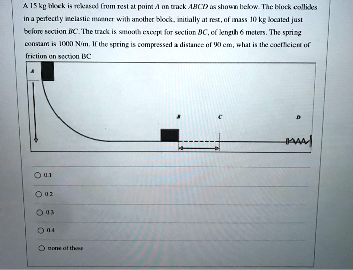 SOLVED: A 15 kg block is released from rest at point A on track ABCD as shown below. The block ...