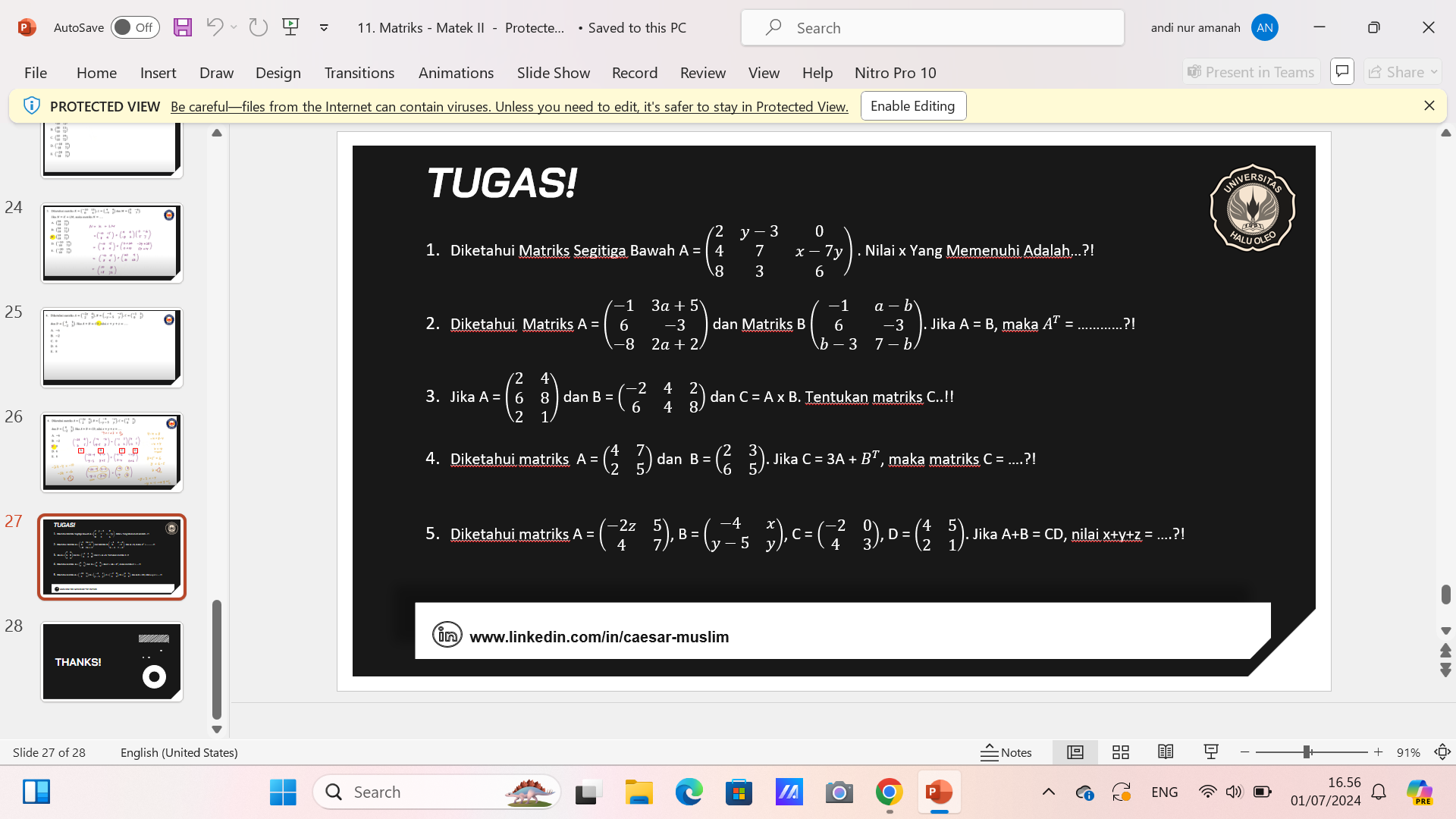 AutoSave Off ↶ Ø 11. Matriks - Matek II - Protecte... - Saved to this PC Search andi nur amanah ...
