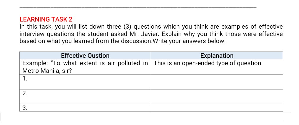 SOLVED: LEARNING TASK 2 In this task, you will list down three (3 ... SOLVED: LEARNING TASK 2 In this task, you will list down three (3 ...