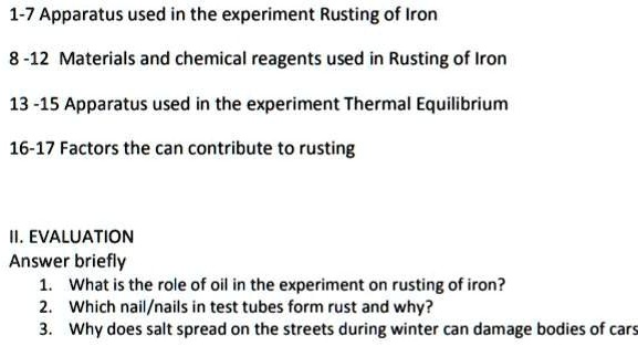 1-7 Apparatus used in the experiment Rusting of Iron 8-12 Materials and ...