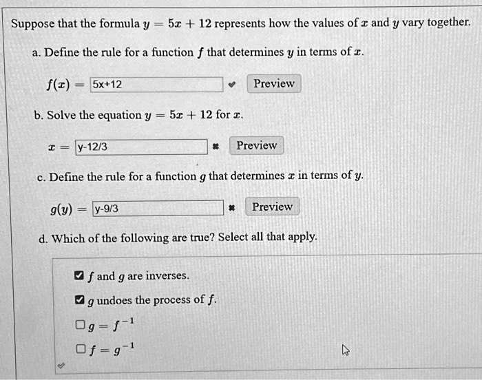 Suppose that the formula y = 5x + 12 represents how the values of x and y vary together. a ...