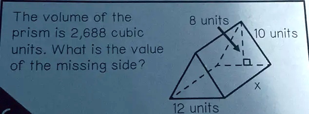 The volume of the prism is 2,688 cubic units. What is the value of the ...