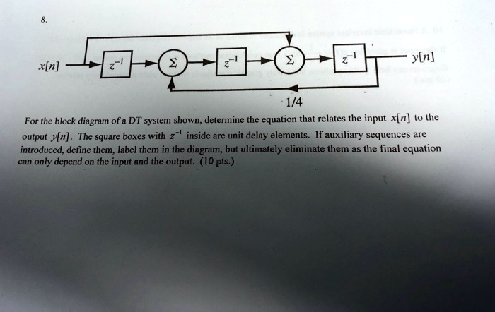 SOLVED: y[n x[n] 1/4 For the block diagram of a DT system shown, determine the equation that ...