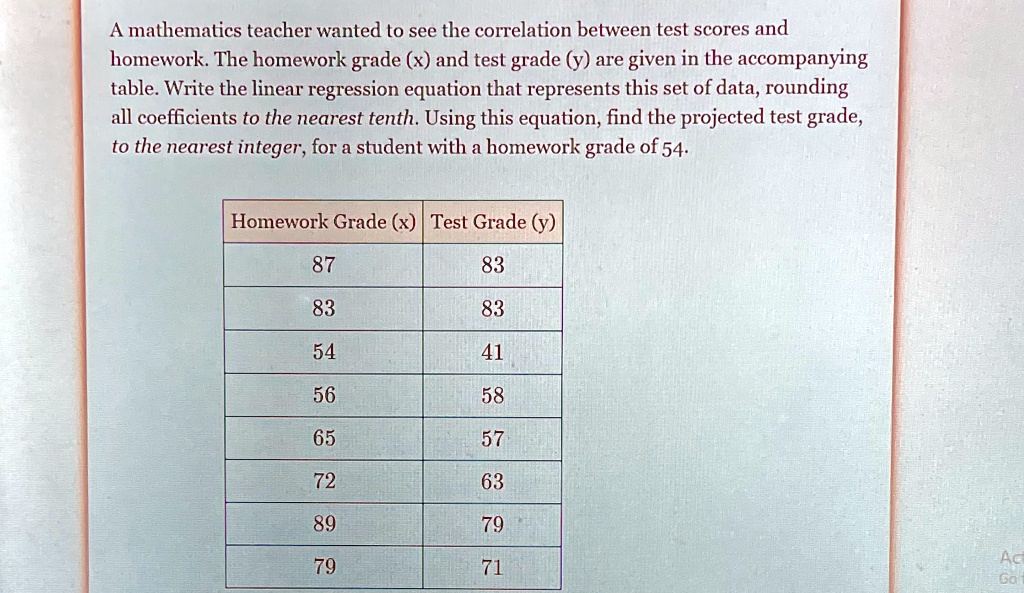 'A mathematics teacher wanted to see the correlation between test ...