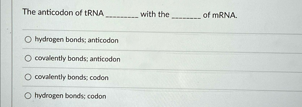 The anticodon of tRNA with the of mRNA. hydrogen bonds; anticodon ...