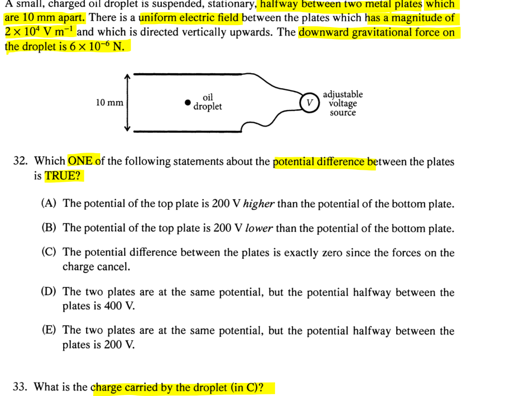 A small, charged oil droplet is suspended, stationary, half way between ...
