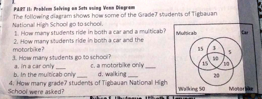 SOLVED: PART II: Problem Solving on Sets using Venn Diagram The ...
