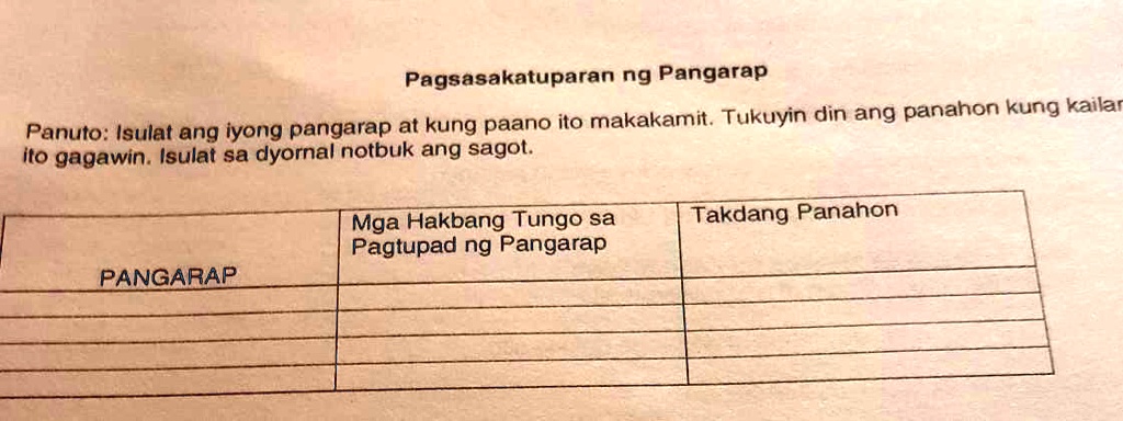 SOLVED: Pagsasakatuparan ng PangarapPanuto: Isulat ang iyong pangarap ...