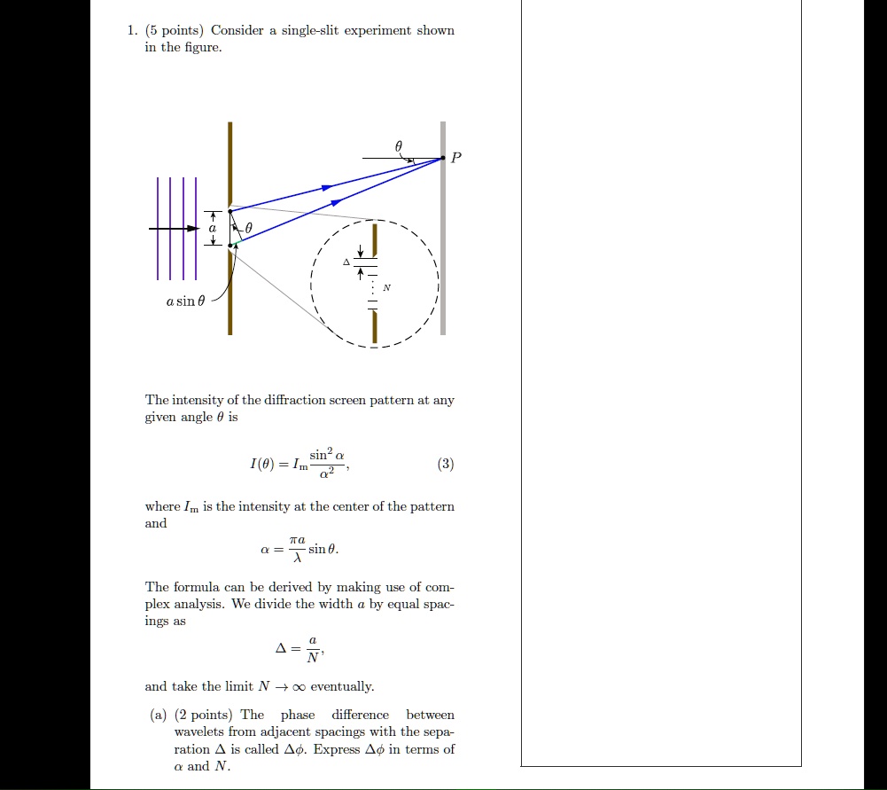 SOLVED: points) Consider single-slit experiment shown in the figure. sin 0 The intensity of the ...