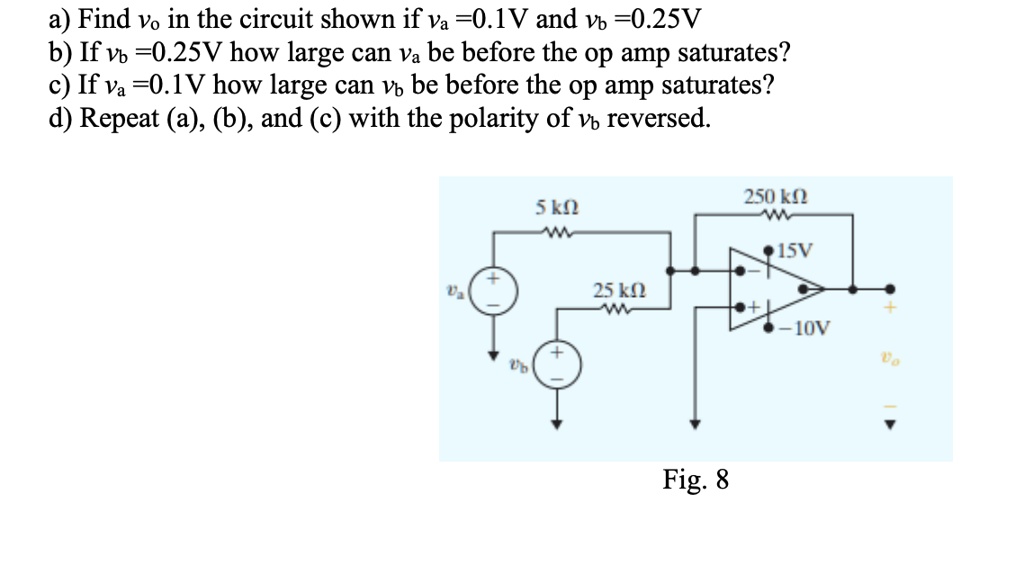 SOLVED: a) Find vo in the circuit shown if va =0.1V and vb =0.25V b) If ...