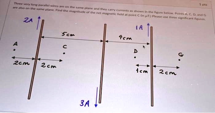 1 pts Three very long parallel wires are on the same plane and they carry currents as shown in ...