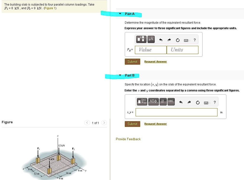 SOLVED: The building slab is subjected to four parallel column loadings. Take F1 = 8 kN, and F ...