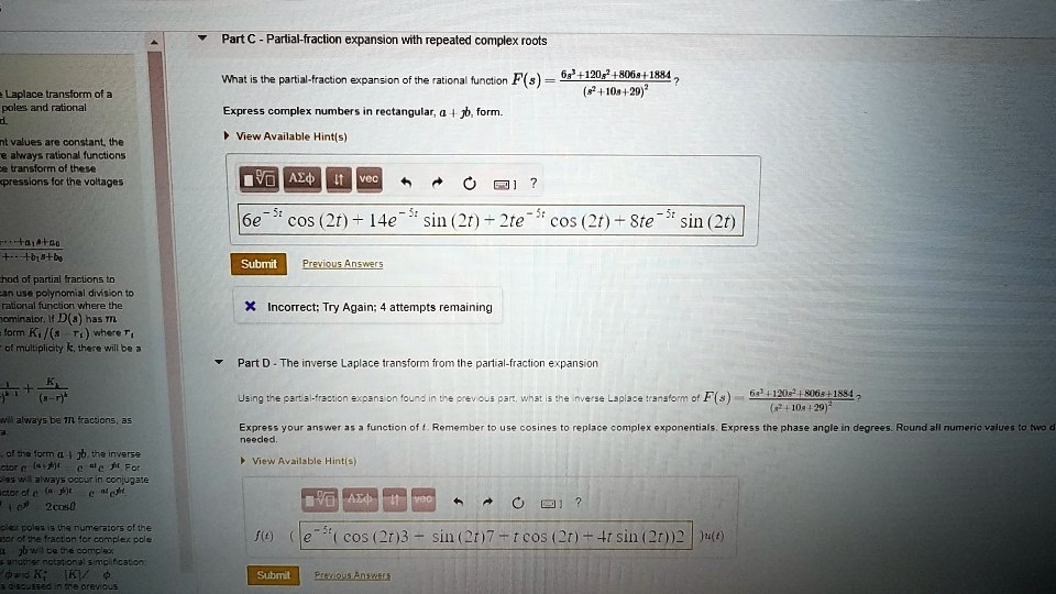 SOLVED: Part C - Partial-fraction expansion with repeated complex roots ...