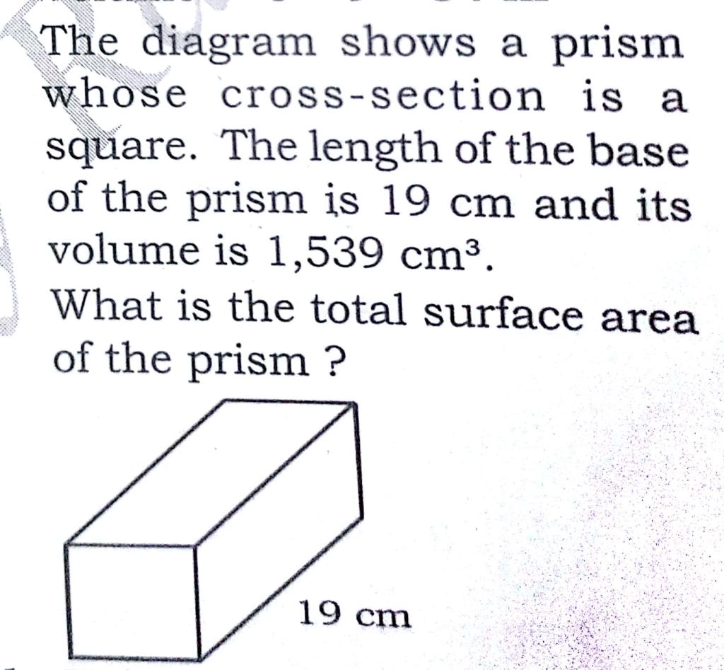 SOLVED: The diagram shows a prism whose cross-section is a square. The ...