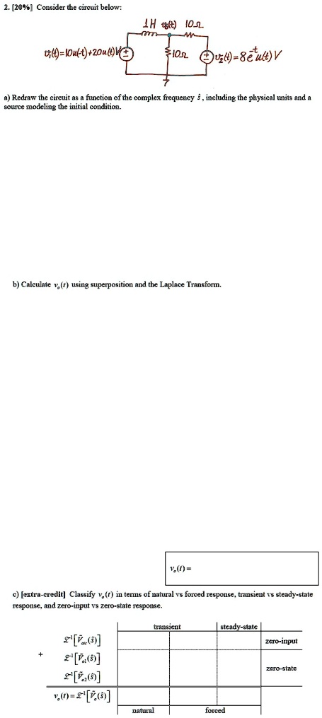 SOLVED: 2.[20%] Consider the circuit below: Ht10 ((t=10(t+20u FIOSL Du=8eulV a Redraw the ...