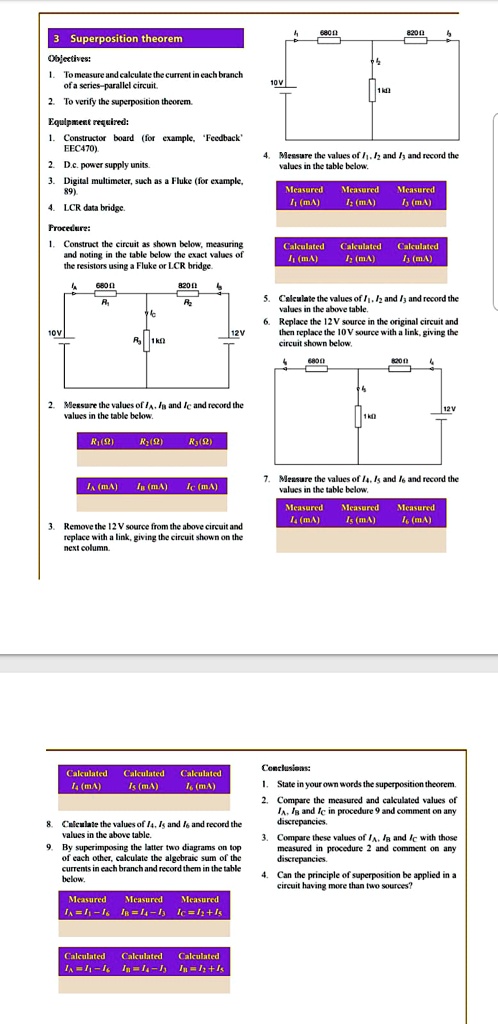 SOLVED: Texts: Superposition theorem Objectives: 1. To measure and calculate the current in each ...