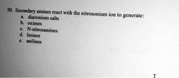 SOLVED: Texts: 50. Secondary amines react with the nitrosonium ion to ... SOLVED: Texts: 50. Secondary amines react with the nitrosonium ion to ...