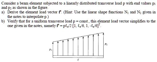 consider a beam element subjected to a linearly distributed transverse load p with end values pi ...