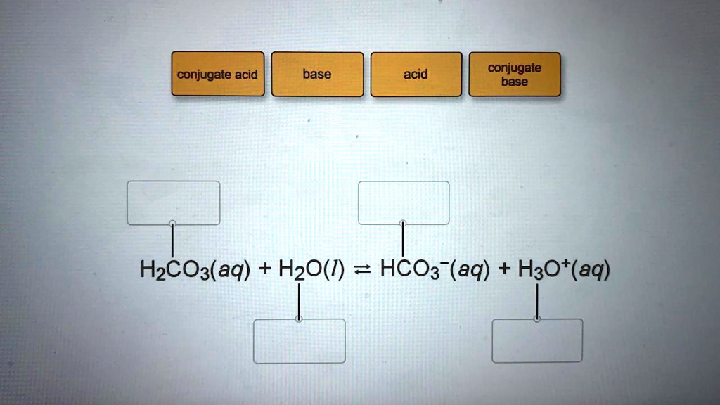 SOLVED: Conjugate acid Base Acid Conjugate base H2CO3(aq) + H2O(l) â ...