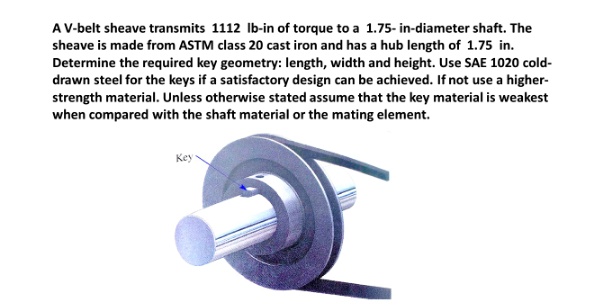 SOLVED: A V-belt sheave transmits 1112 lb-in of torque to a 1.75-inch ...