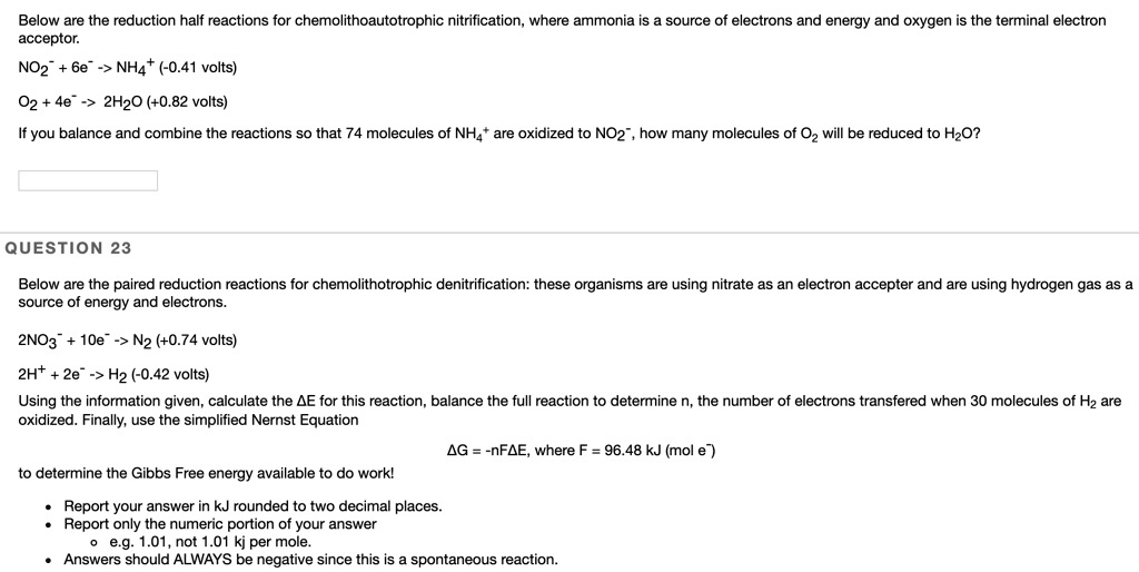 below are the reduction half reactions for chemolithoautotrophic ...