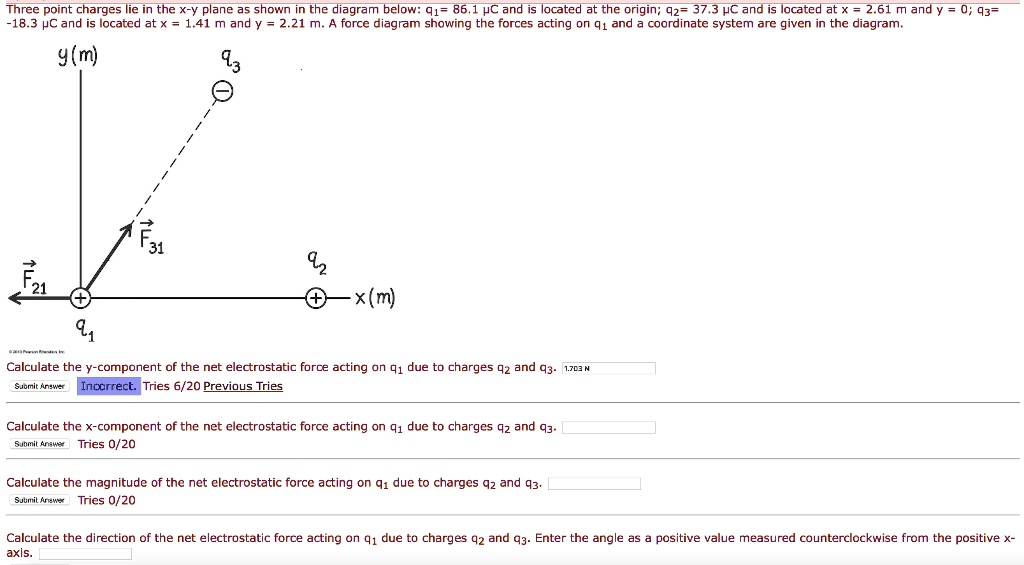 SOLVED: Three point charges lie in the x-y plane as shown in the diagram below: q1 = 86.1 Î¼C ...