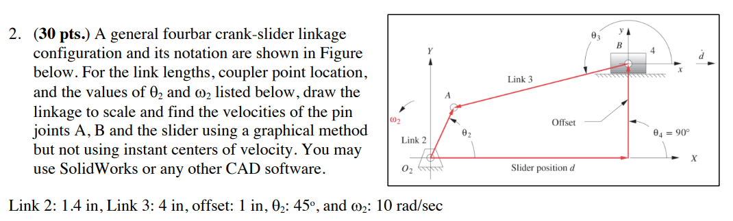 2. (30 pts.) A general fourbar crank-slider linkage configuration and its notation are shown in ...