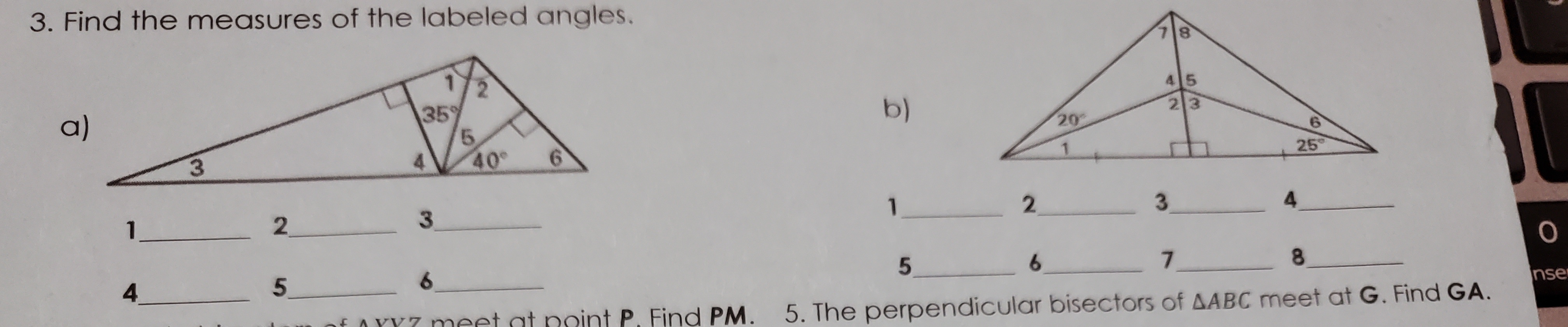 SOLVED: 3. Find the measures of the labeled angles. a) b) 1 2 3 1 2 3 4 ...