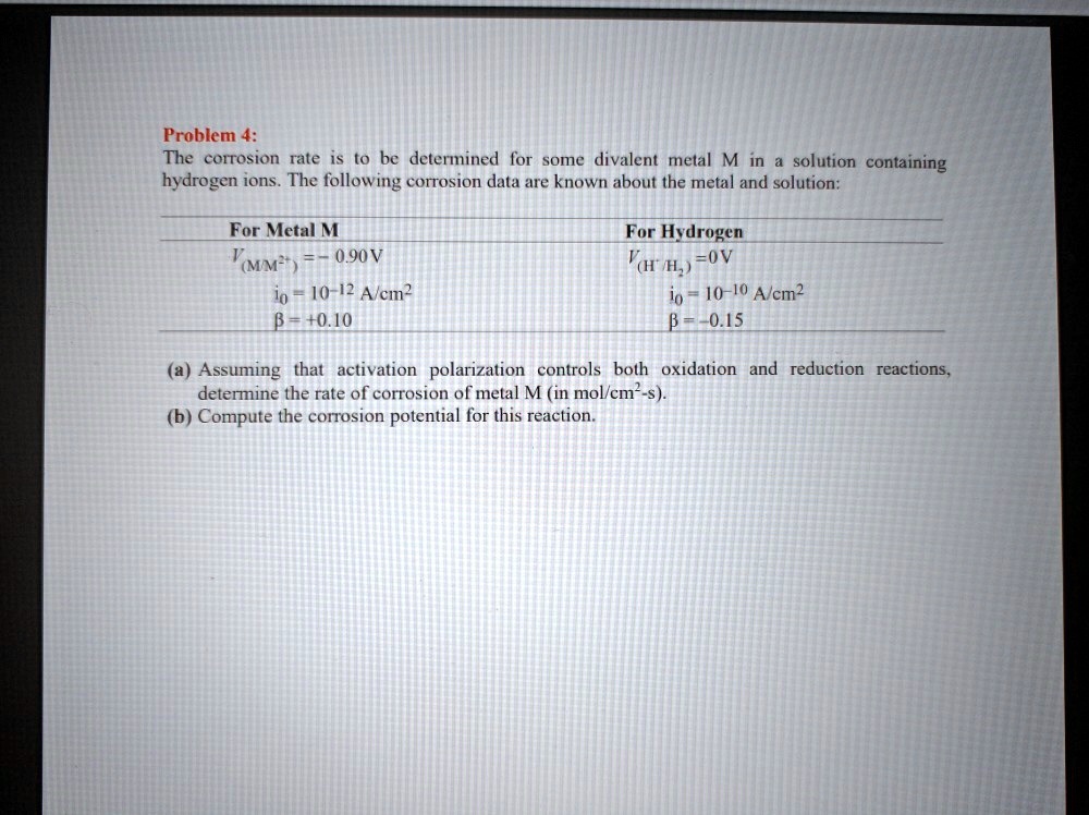 SOLVED: Problem 4: The corrosion rate is to be determined for some ...