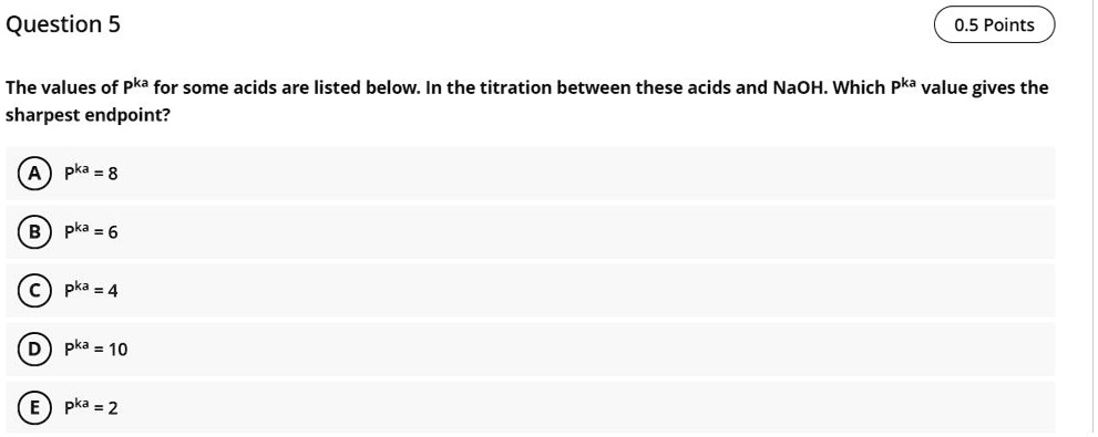 SOLVED: Question 5 0.5 Points The values of Pka for some acids are ... SOLVED: Question 5 0.5 Points The values of Pka for some acids are ...