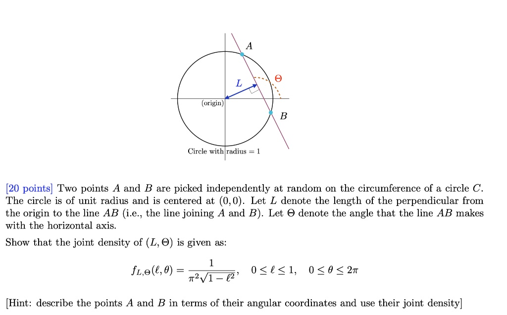 SOLVED: (origin) Circle with radins [20 points] Two points A and B are picked independently at ...