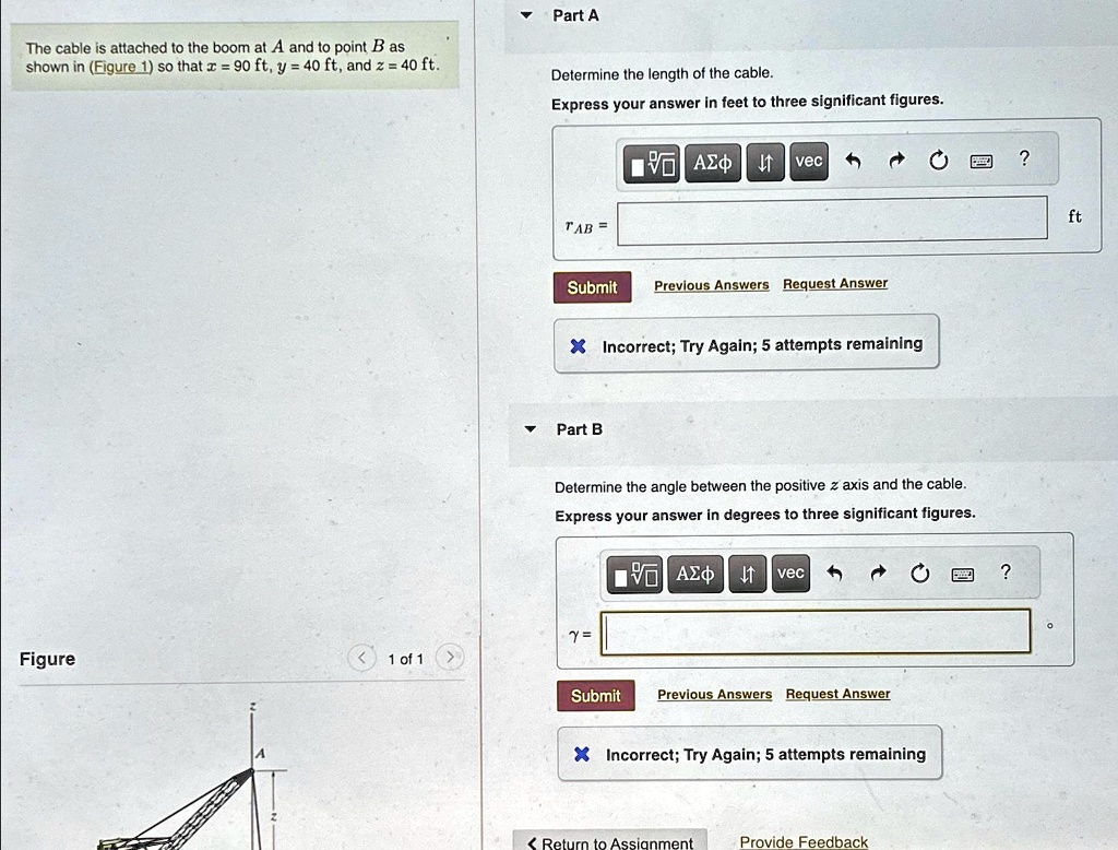 The cable is attached to the boom at A and to point B as shown in (Figure 1) so that x = 90 ft ...