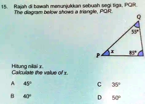 SOLVED: The diagram below shows a triangle, PQR. 558 85 Calculate the value of x. 459 350 402 502