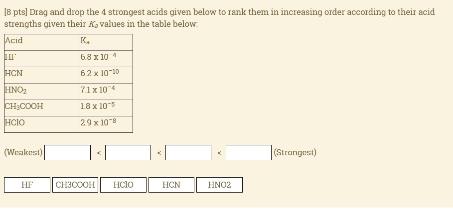 SOLVED: [8 pts] Drag and drop the 4 strongest acids given below to rank them in increasing order ...