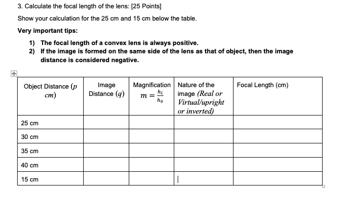 3. Calculate the focal length of the lens: [25 Points] Show your ...