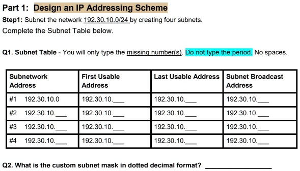 Solved Part 1 Designing An Ip Addressing Scheme Step 1 Subnet The Network 192 30 10 0 24 By