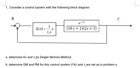 Consider a control system with the following block diagram: R e-s 1 Kc ...