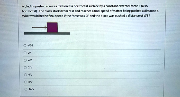 SOLVED: A block is pushed across a frictionless horizontal surface by a constant external force ...