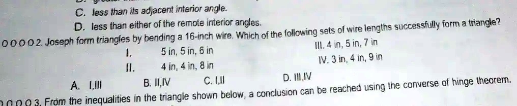 C. less than its adjacent interior angle. D. less than either of the ...