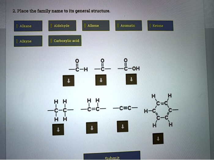 SOLVED: 2. Place the family name to its general structure: Alkane ...
