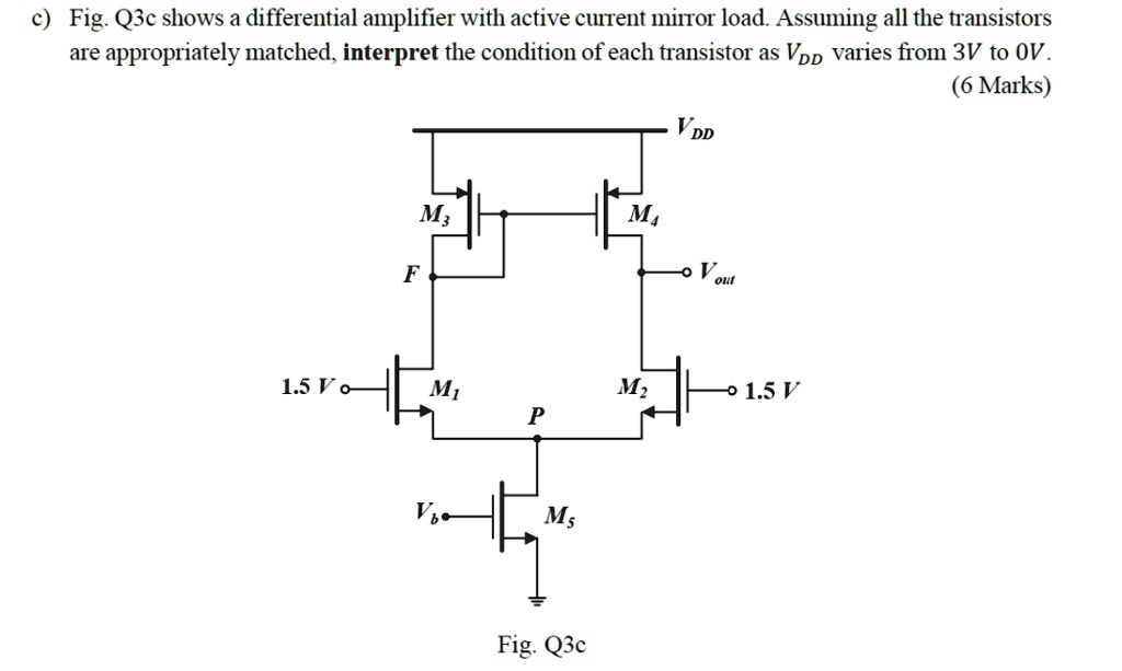 c) Fig. Q3c shows a differential amplifier with active current mirror ...