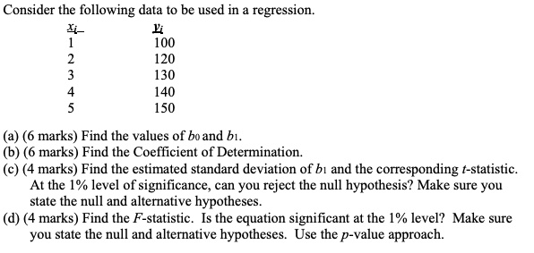 SOLVED: Consider the following data to be used in regression. 10o 120 130 140 150 marks) Find ...