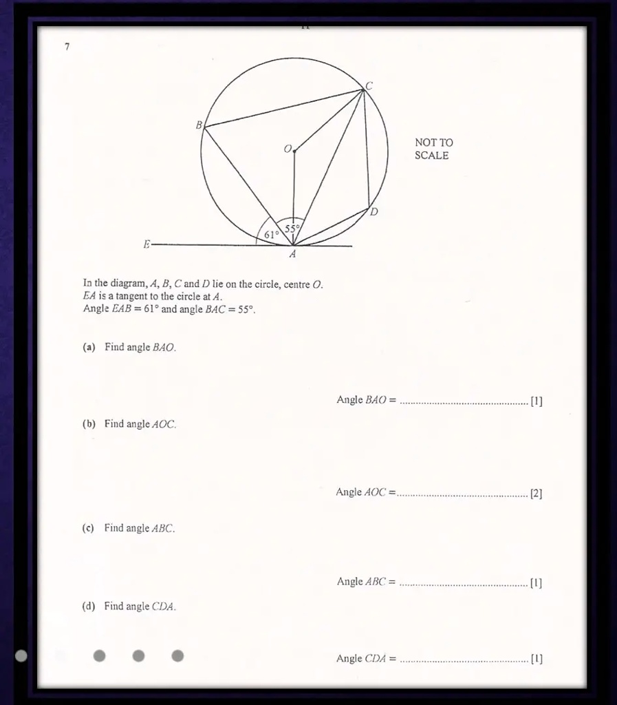 SOLVED: NOT T0 SCALE Ia the diagram, A,B, C and D lie On the circle, centre 0 EA is a tangent t0 ...