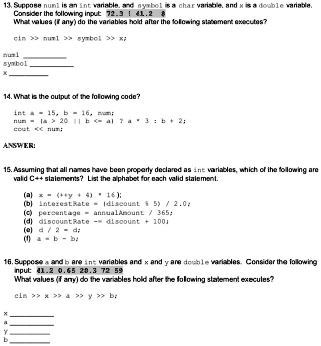 Video Solution 13 Suppose Num1 Is An Int Variable And Symbol Is A Char Variable And X Is A