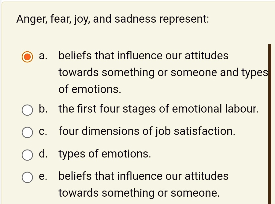 Anger, fear, joy, and sadness represent: a. beliefs that influence our ...