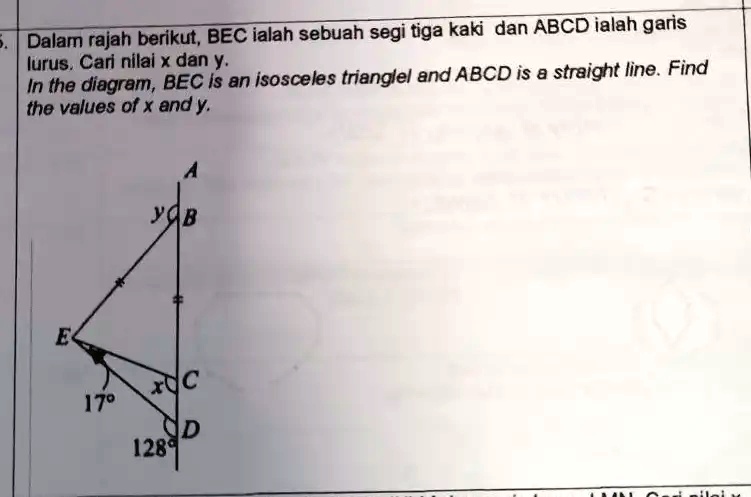 In the diagram, ABCD is a straight line. BEC is an isosceles triangle ...