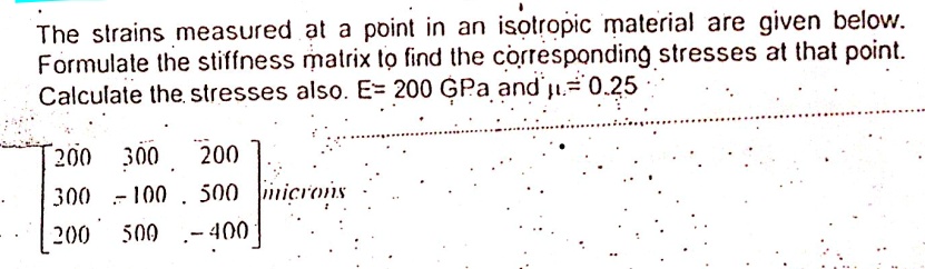 SOLVED: The strains measured at a point in an isotropic material are given below. Formulate the ...