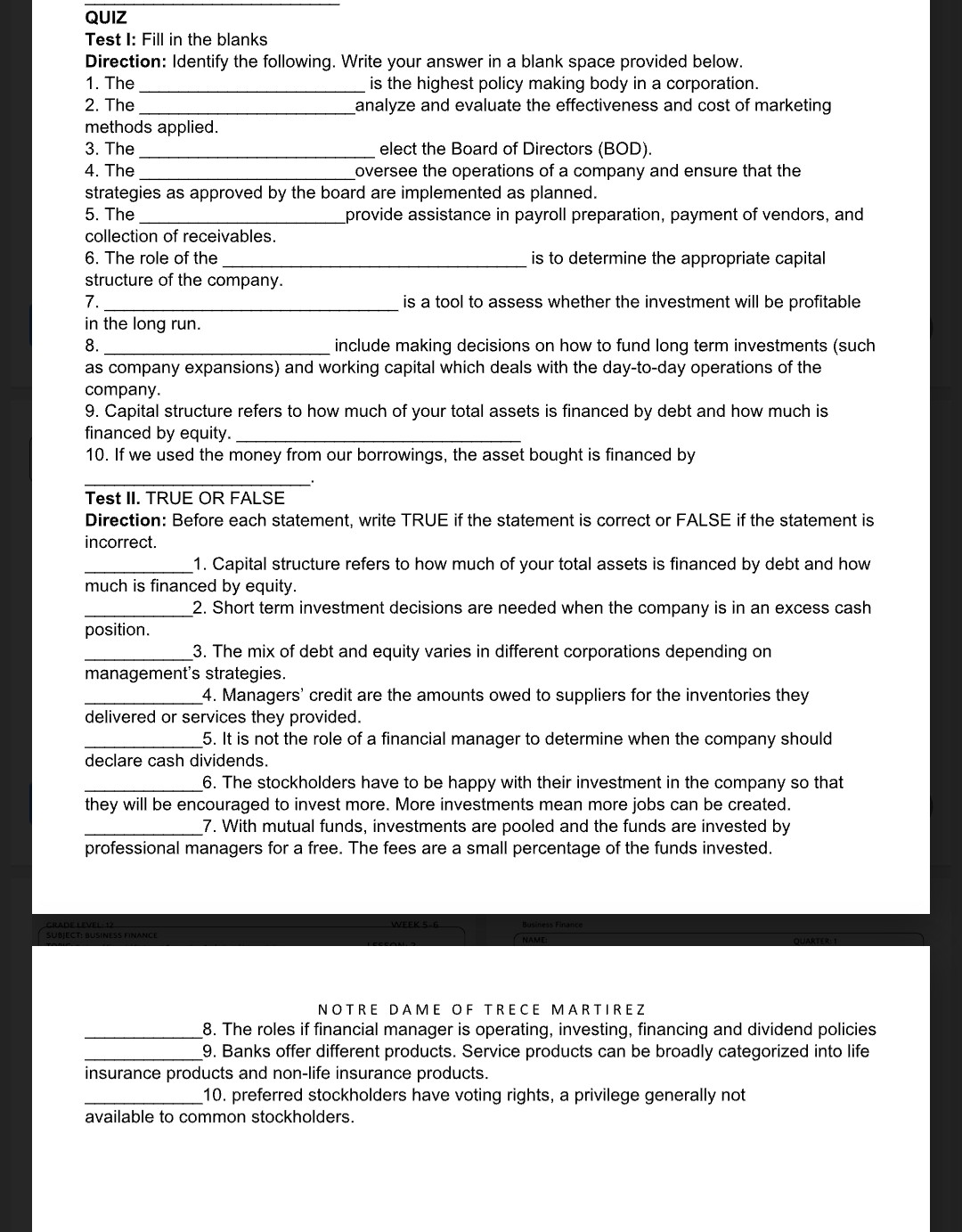 SOLVED: QUIZ Test I: Fill in the blanks Direction: Identify the ...