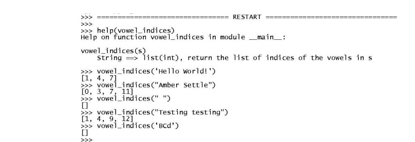 SOLVED: Write a function vowelindices() that takes a string as a parameter and returns a list of ...