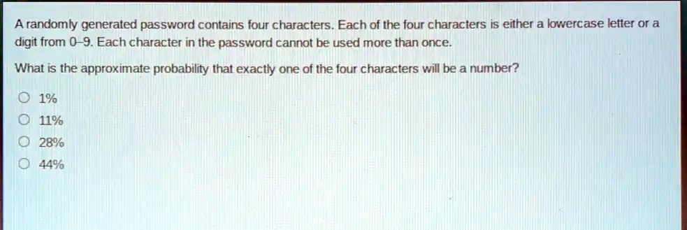Solved A Randomly Generated Password Contains Four Characters Each Of The Four Characters Is